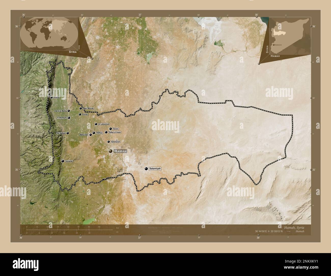 Hamah, province of Syria. Low resolution satellite map. Locations and ...