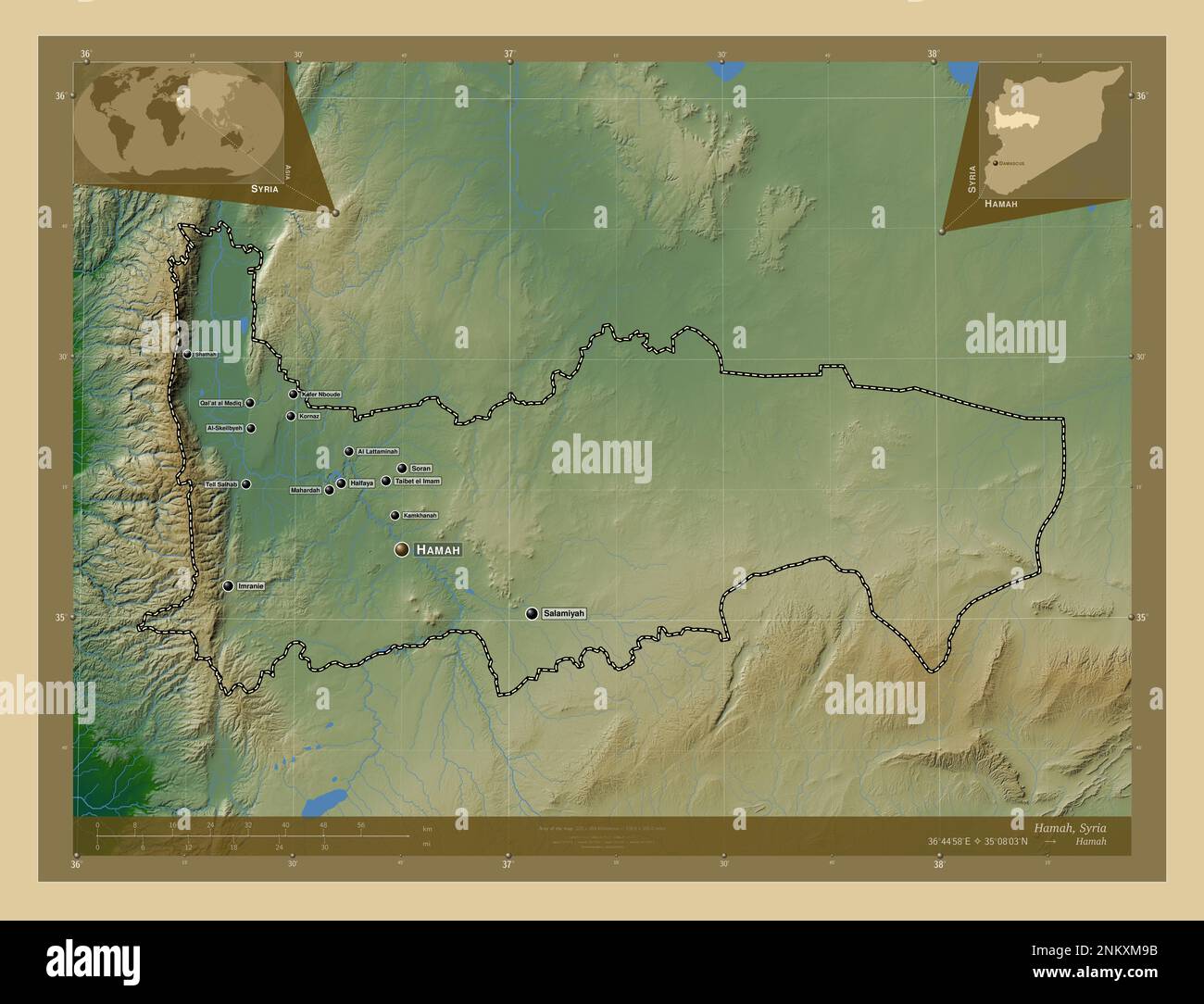 Hamah, province of Syria. Colored elevation map with lakes and rivers ...