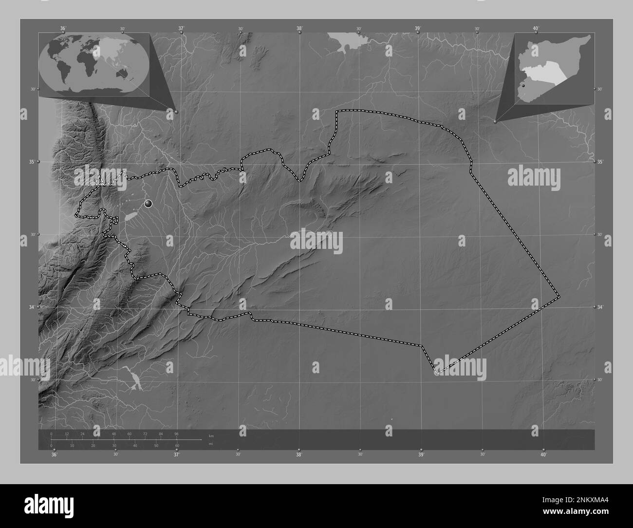 Hims, province of Syria. Grayscale elevation map with lakes and rivers ...