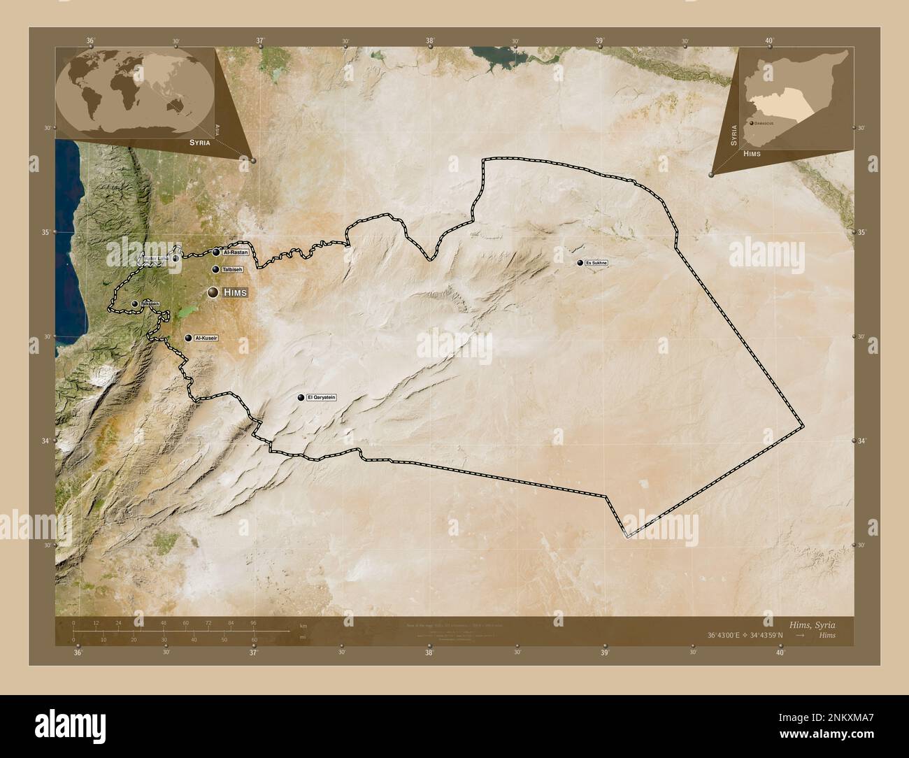 Hims, province of Syria. Low resolution satellite map. Locations and ...