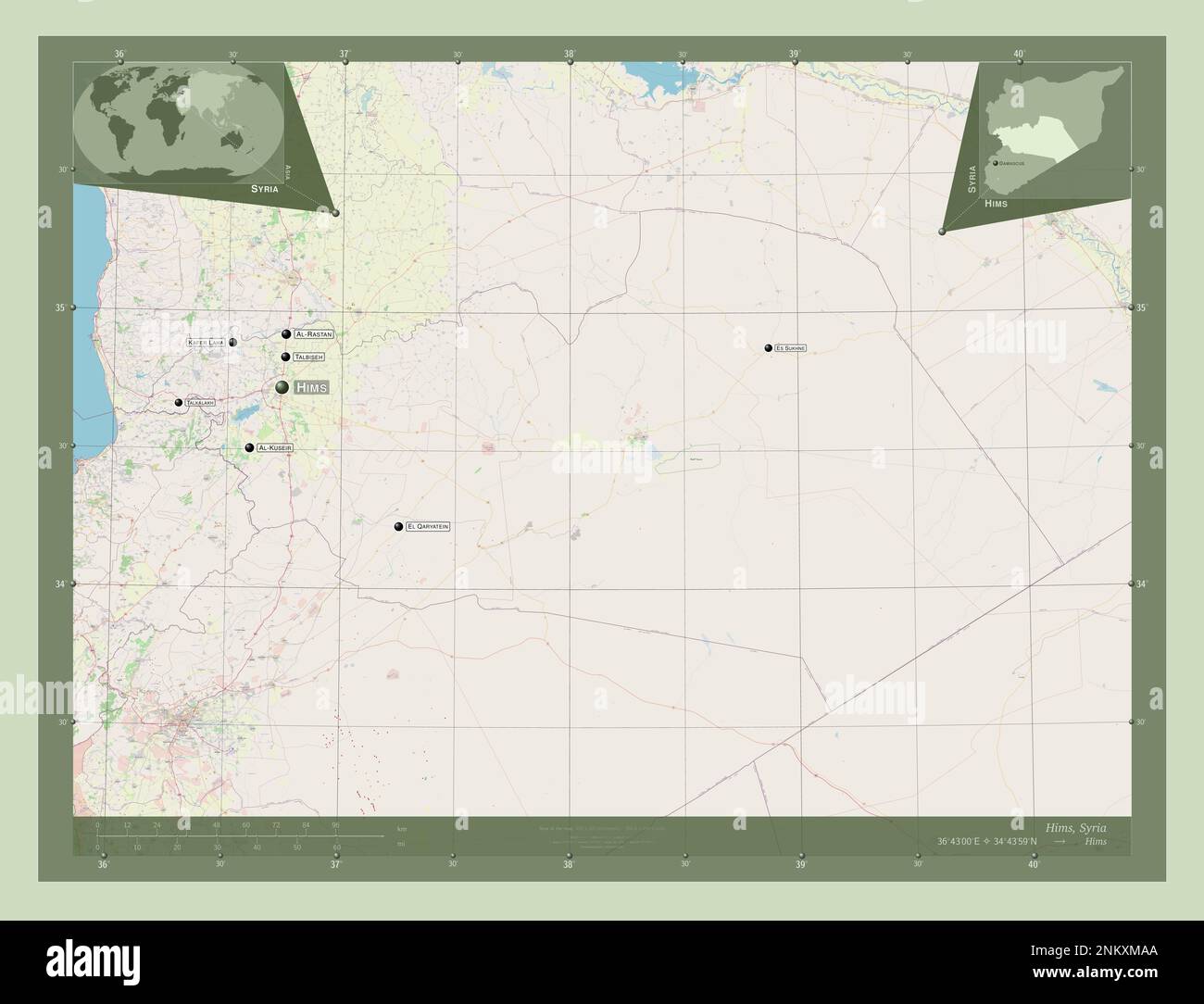 Hims, province of Syria. Open Street Map. Locations and names of major ...