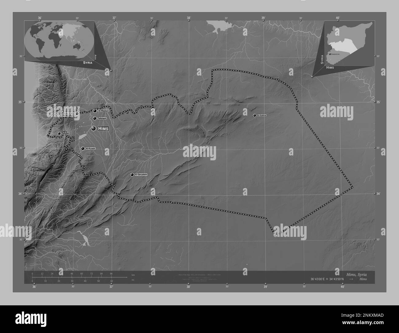 Hims, province of Syria. Grayscale elevation map with lakes and rivers ...
