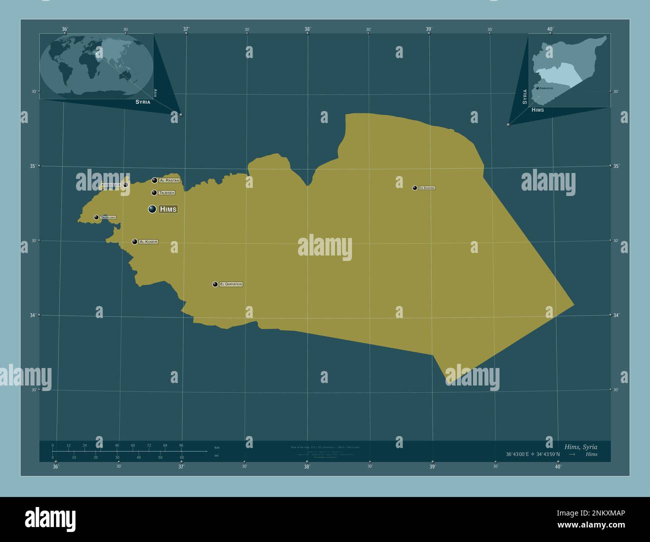 Hims, province of Syria. Solid color shape. Locations and names of ...