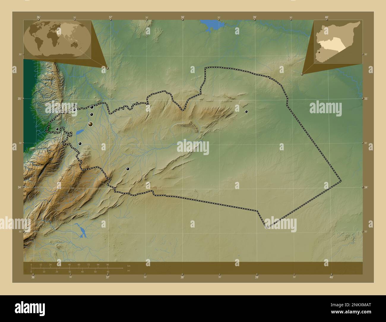 Hims, province of Syria. Colored elevation map with lakes and rivers ...