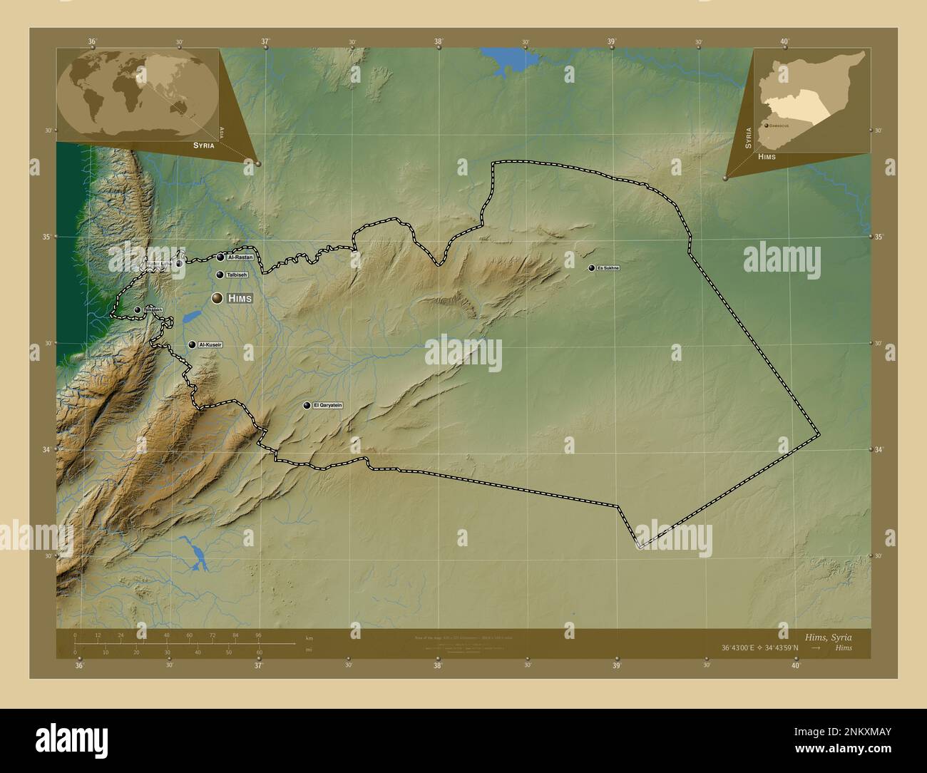Hims, province of Syria. Colored elevation map with lakes and rivers ...