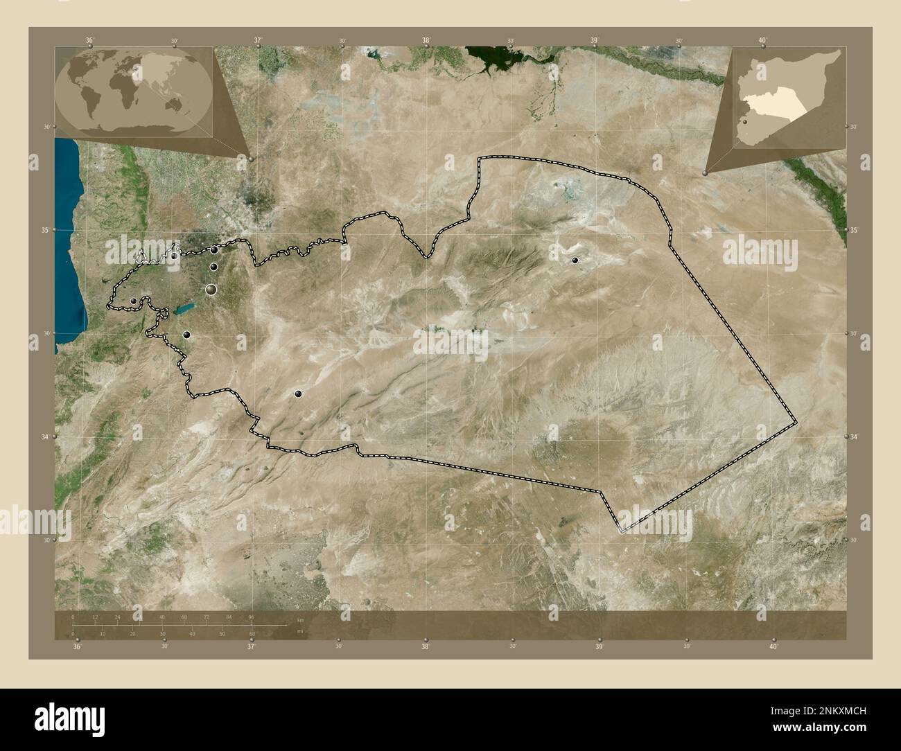 Hims, province of Syria. High resolution satellite map. Locations of major cities of the region ...