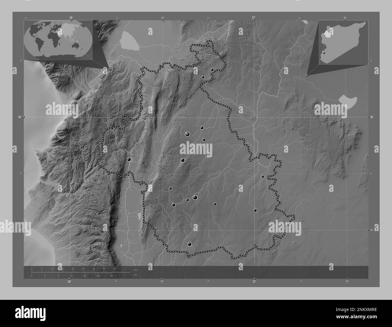 Idlib, province of Syria. Grayscale elevation map with lakes and rivers ...