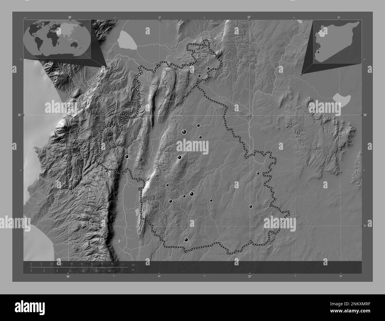 Idlib, province of Syria. Bilevel elevation map with lakes and rivers ...