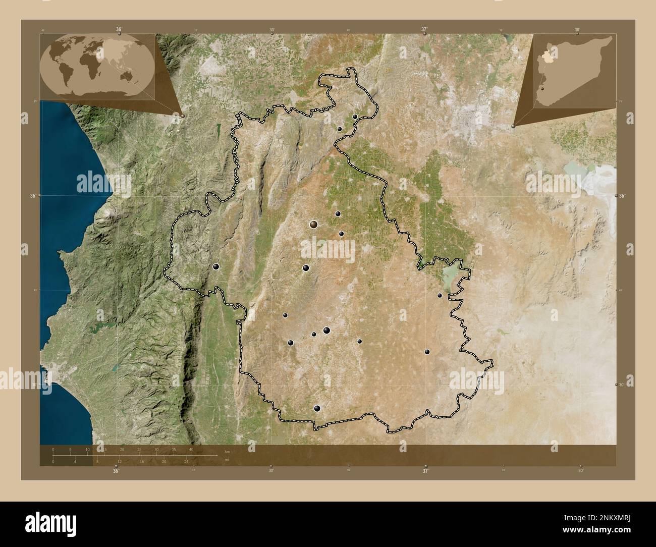 Idlib, province of Syria. Low resolution satellite map. Locations of ...