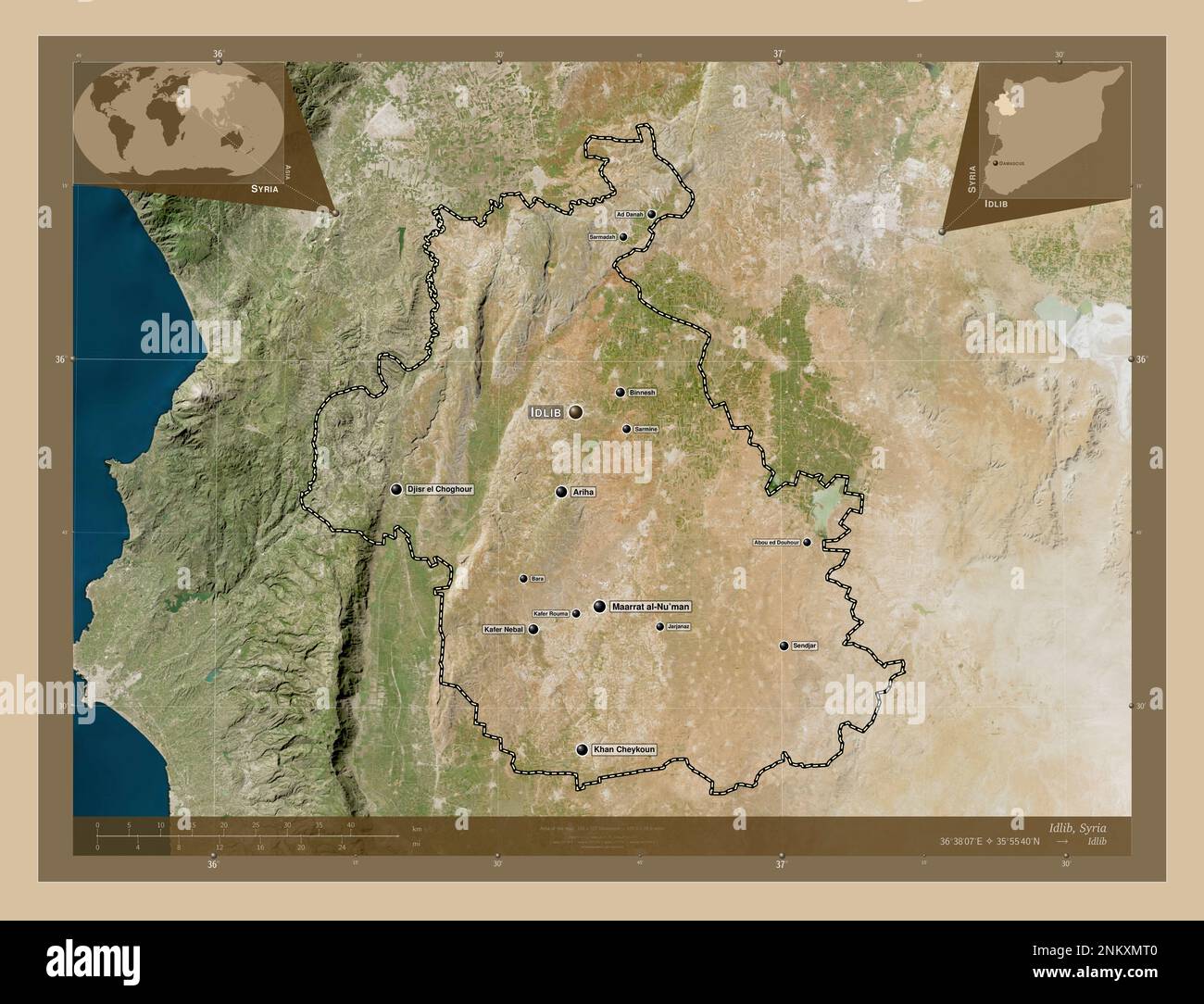 Idlib, province of Syria. Low resolution satellite map. Locations and ...