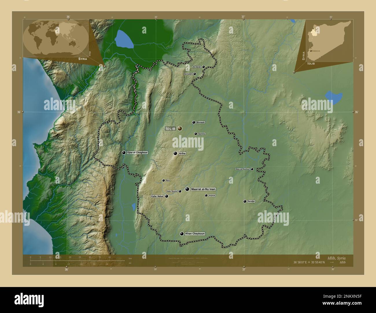 Idlib, province of Syria. Colored elevation map with lakes and rivers ...