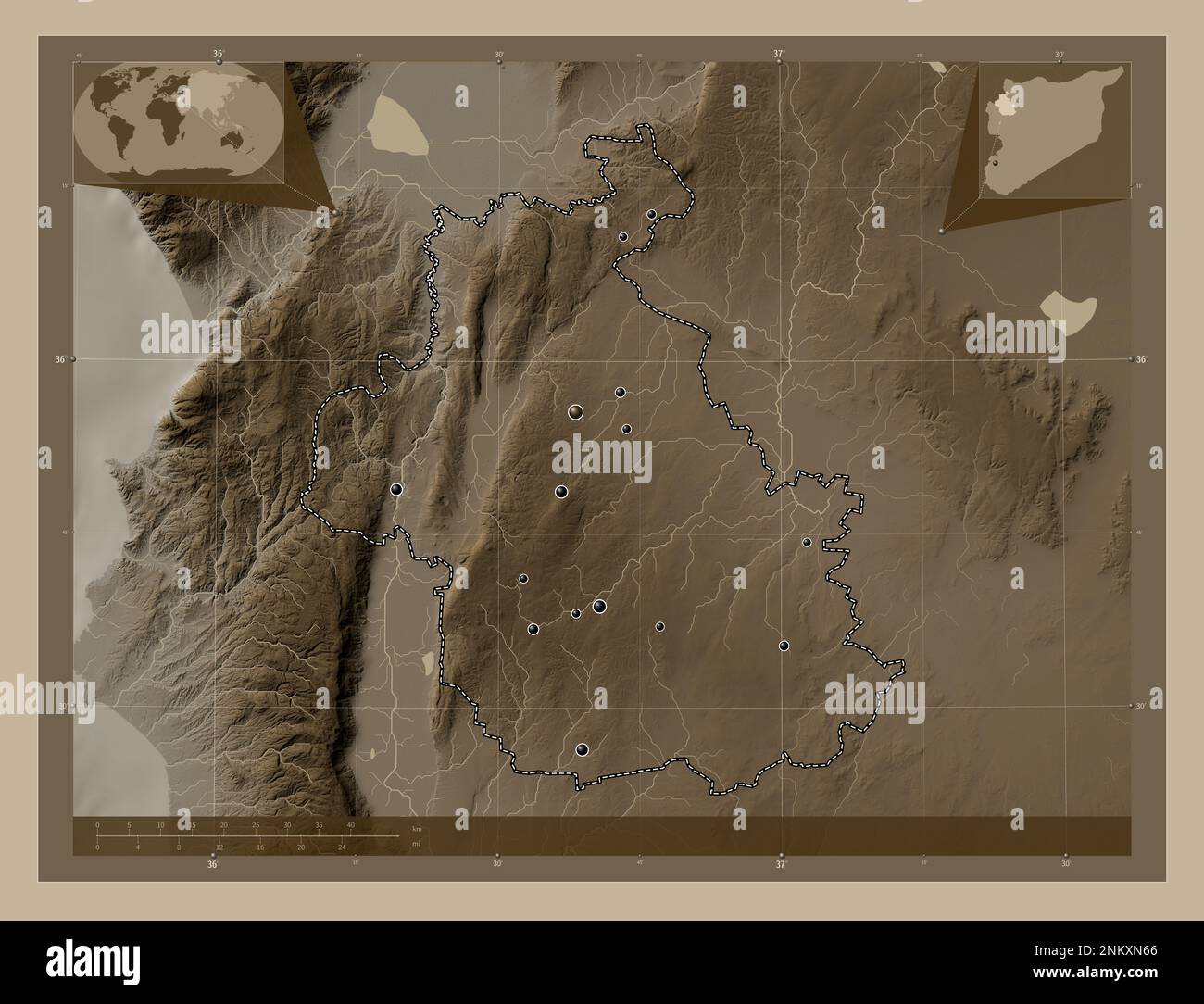 Idlib, province of Syria. Elevation map colored in sepia tones with ...