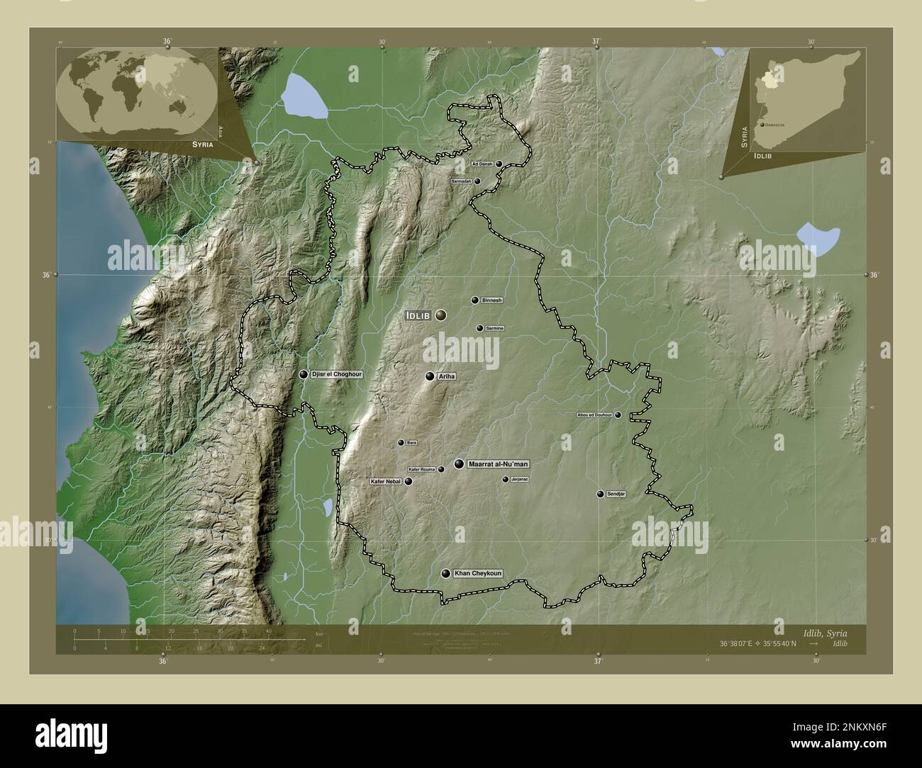 Idlib, province of Syria. Elevation map colored in wiki style with ...