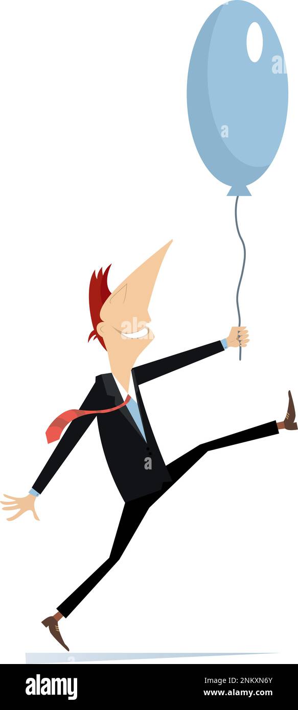 Young man holding an air balloon illustration. Funny man walking with ...