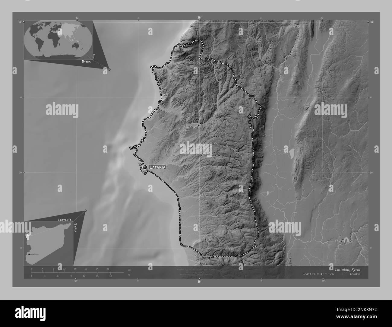 Lattakia, province of Syria. Grayscale elevation map with lakes and ...