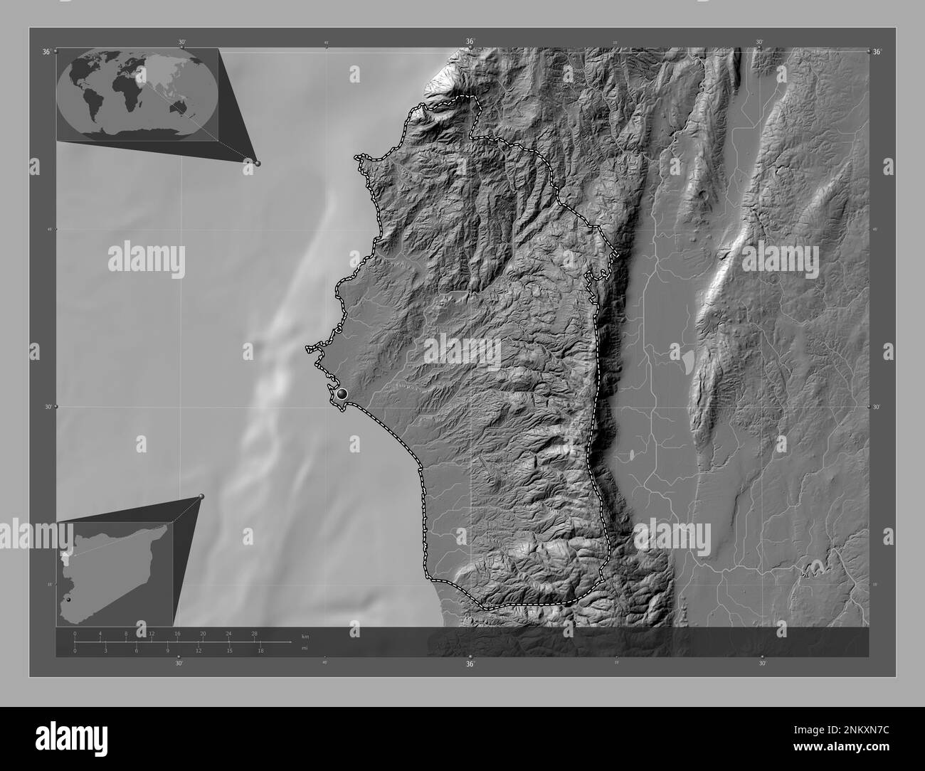 Lattakia, province of Syria. Bilevel elevation map with lakes and ...