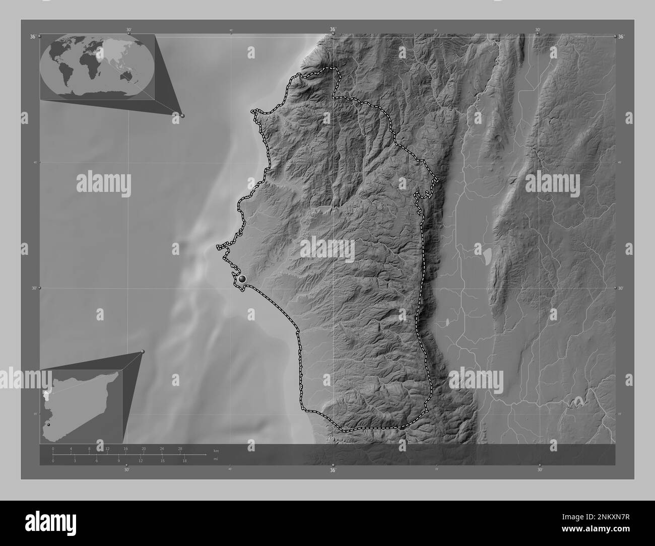 Lattakia, province of Syria. Grayscale elevation map with lakes and ...