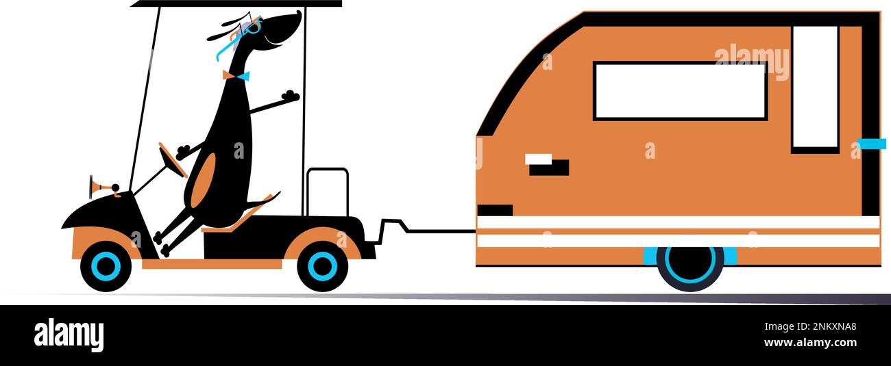Funny dog driving a car with a camp trailer. Cartoon traveller dog in ...