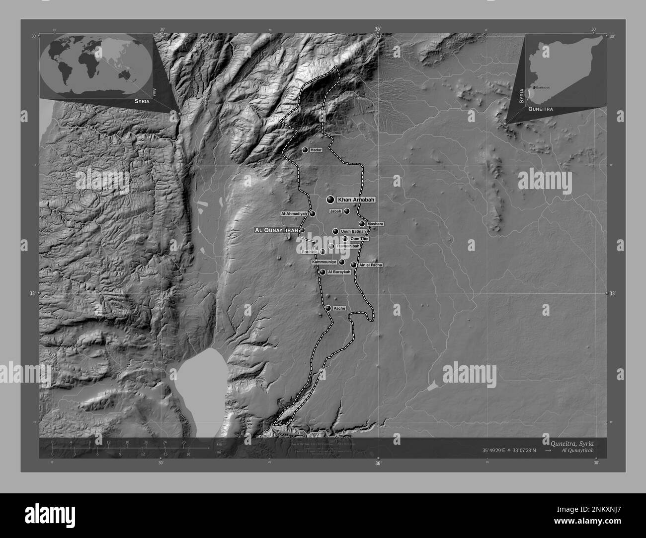 Quneitra, province of Syria. Bilevel elevation map with lakes and ...