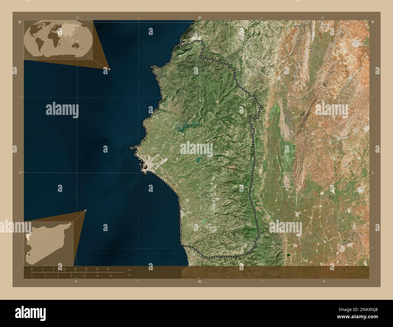Lattakia, province of Syria. Low resolution satellite map. Corner ...