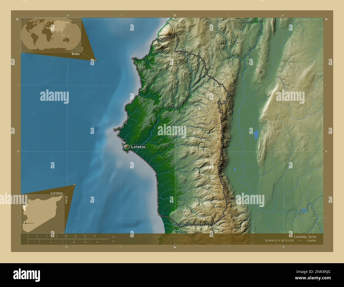 Lattakia, province of Syria. Colored elevation map with lakes and ...