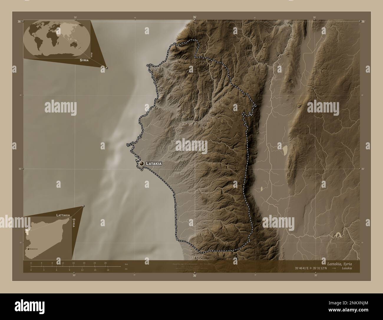 Lattakia, province of Syria. Elevation map colored in sepia tones with ...