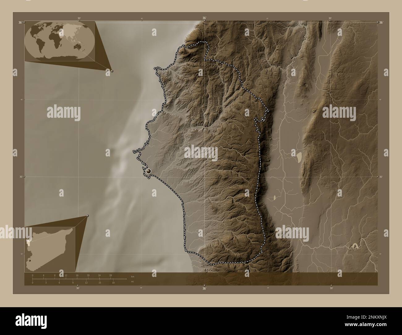 Lattakia, province of Syria. Elevation map colored in sepia tones with ...