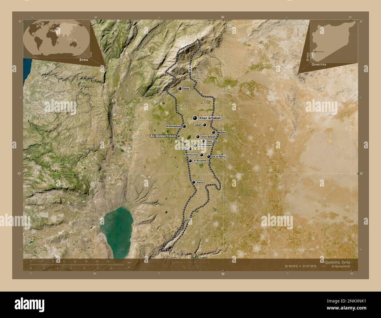 Quneitra, province of Syria. Low resolution satellite map. Locations ...
