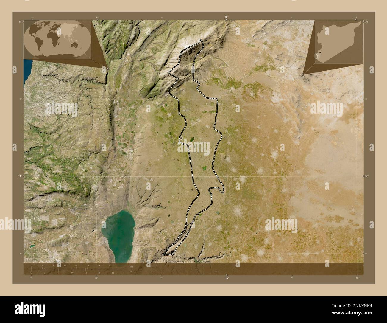 Quneitra, province of Syria. Low resolution satellite map. Corner ...