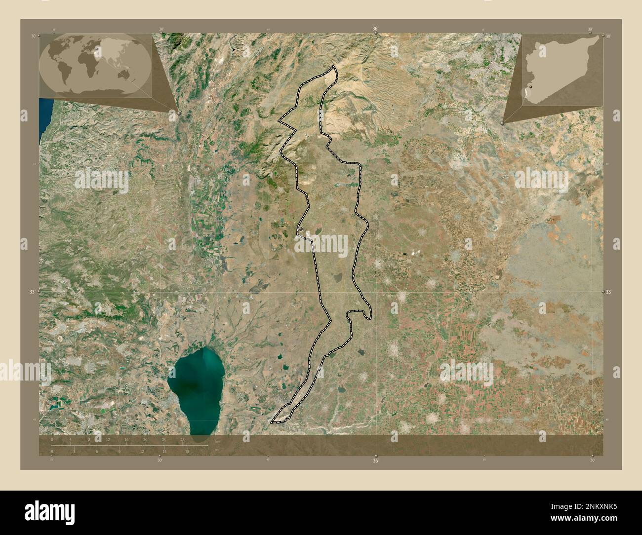 Quneitra, province of Syria. High resolution satellite map. Corner ...