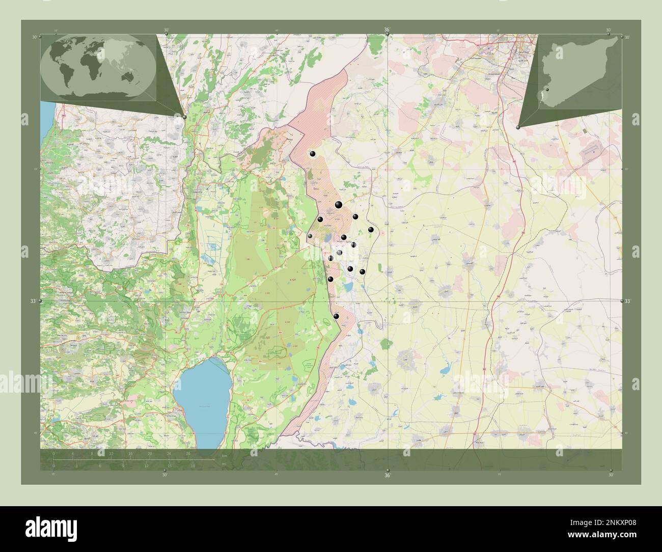 Quneitra, province of Syria. Open Street Map. Locations of major cities ...