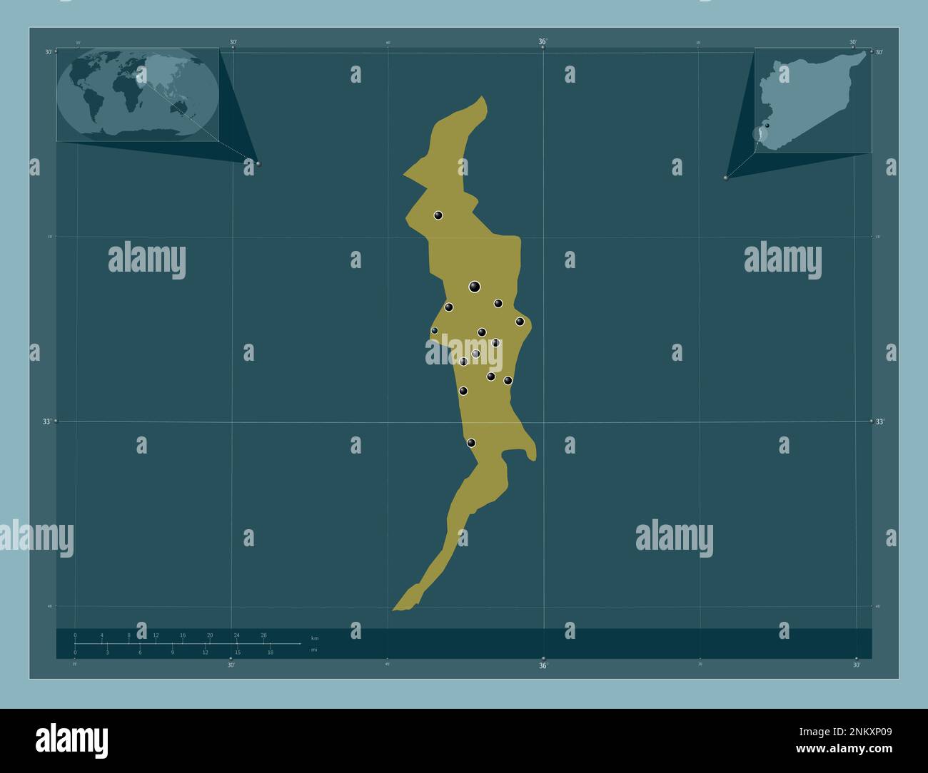 Quneitra, province of Syria. Solid color shape. Locations of major ...