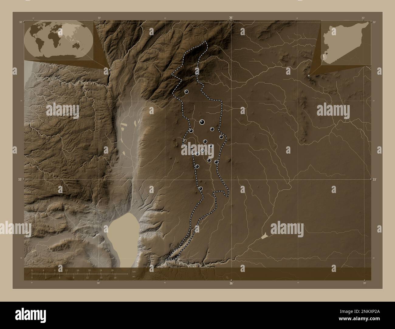 Quneitra, province of Syria. Elevation map colored in sepia tones with ...