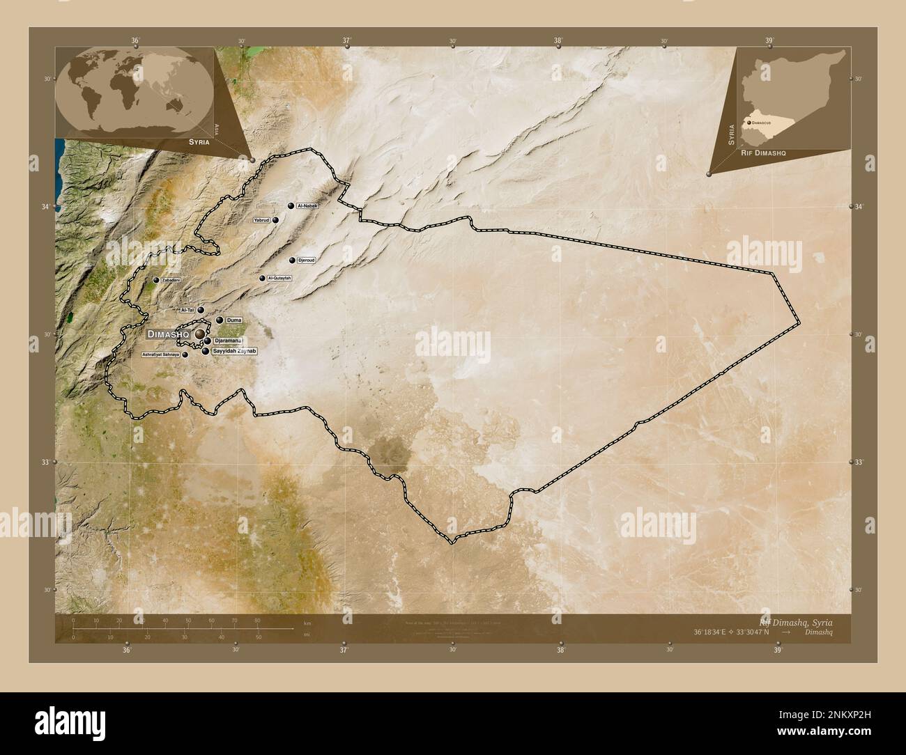 Rif Dimashq, province of Syria. Low resolution satellite map. Locations ...