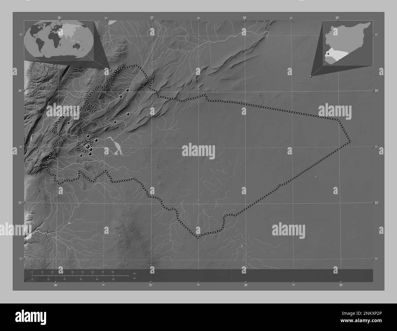 Rif Dimashq, province of Syria. Grayscale elevation map with lakes and ...