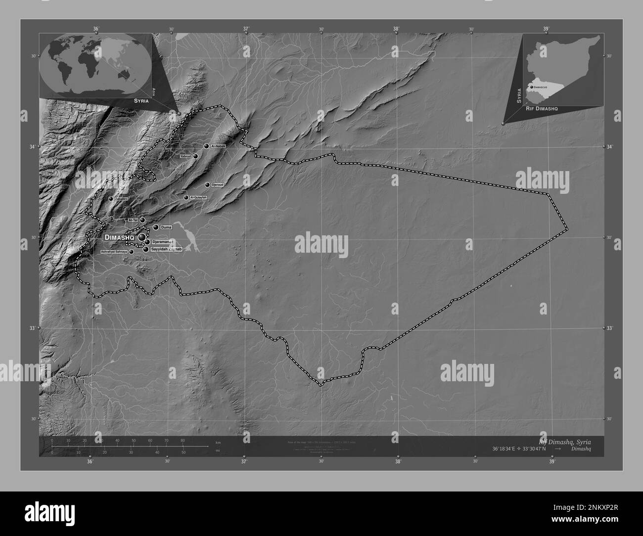 Rif Dimashq, province of Syria. Bilevel elevation map with lakes and ...