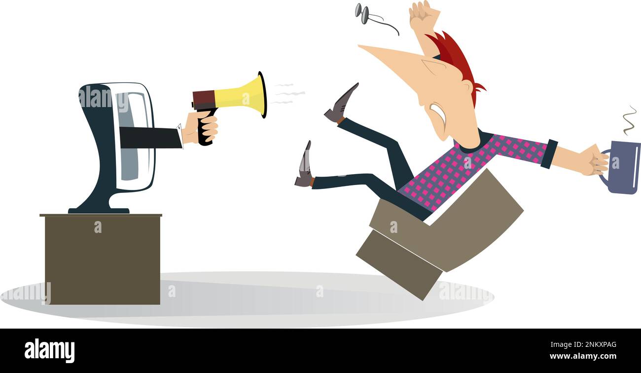 Megaphone. Man watching TV. Hand with megaphone rising from TV ...