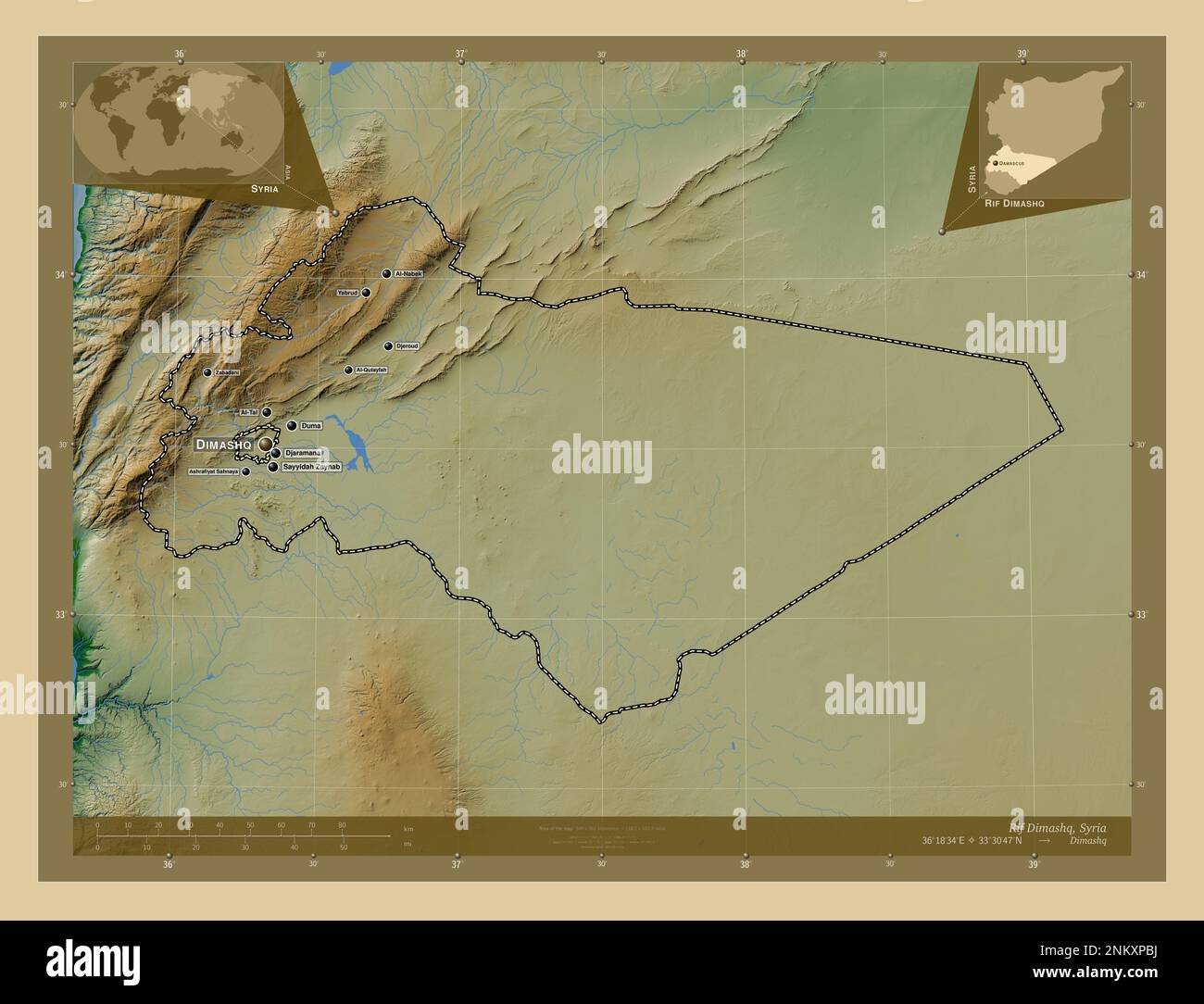 Rif Dimashq, province of Syria. Colored elevation map with lakes and rivers. Locations and names ...