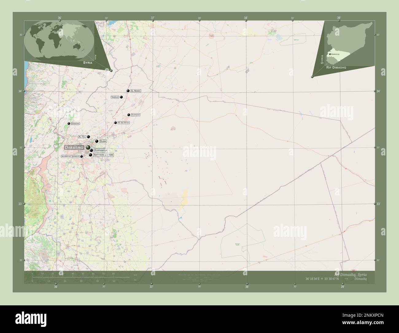 Rif Dimashq, province of Syria. Open Street Map. Locations and names of ...