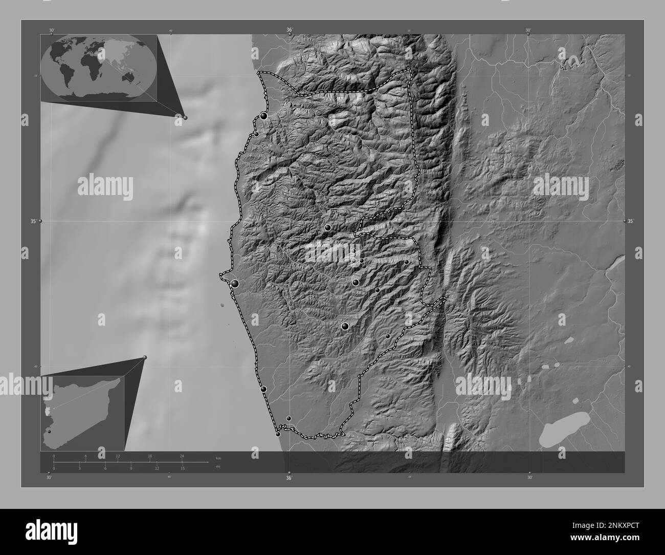Tartus, province of Syria. Bilevel elevation map with lakes and rivers ...