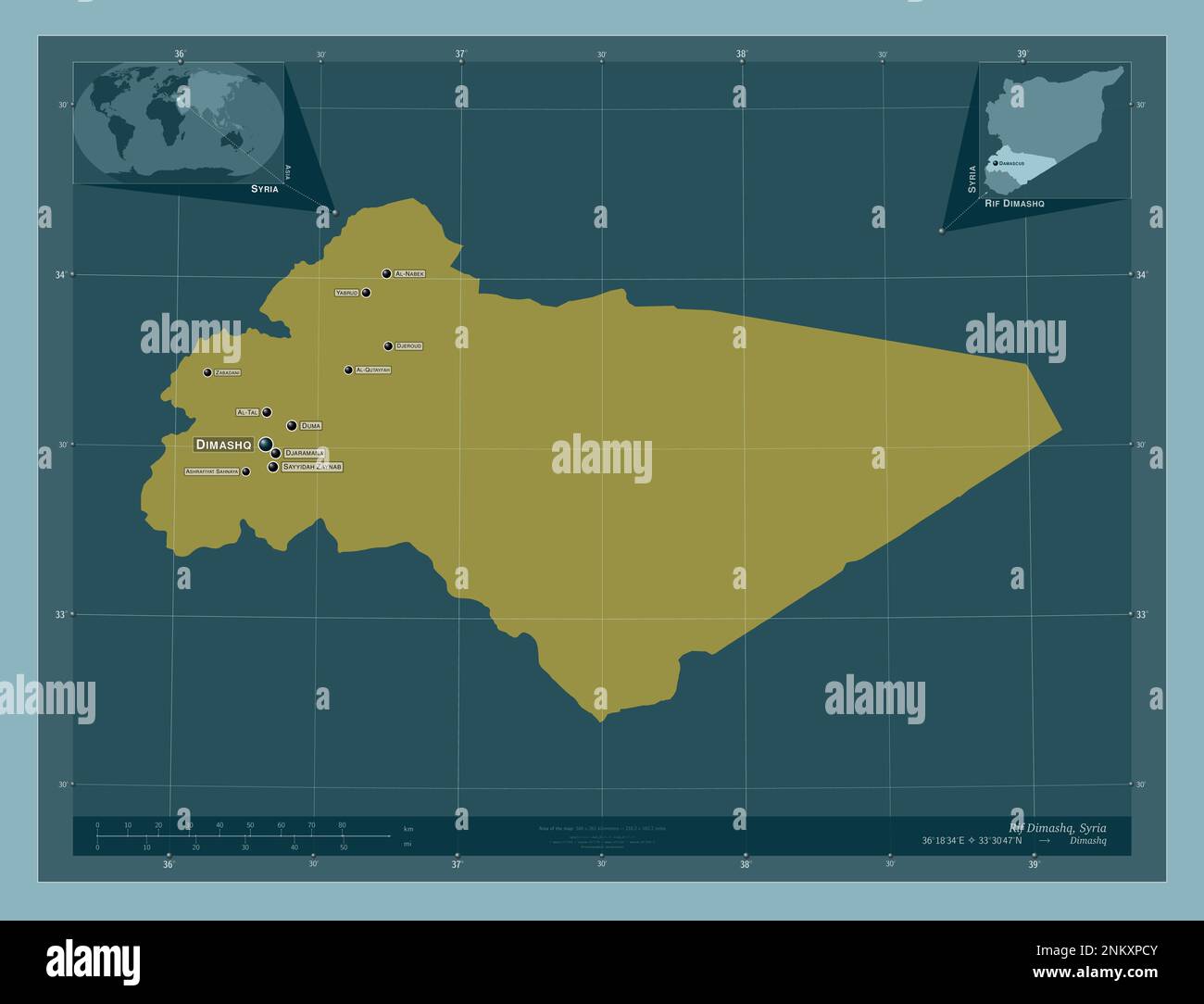 Rif Dimashq, province of Syria. Solid color shape. Locations and names of major cities of the ...