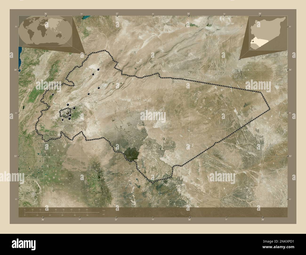 Rif Dimashq, province of Syria. High resolution satellite map. Locations of major cities of the ...