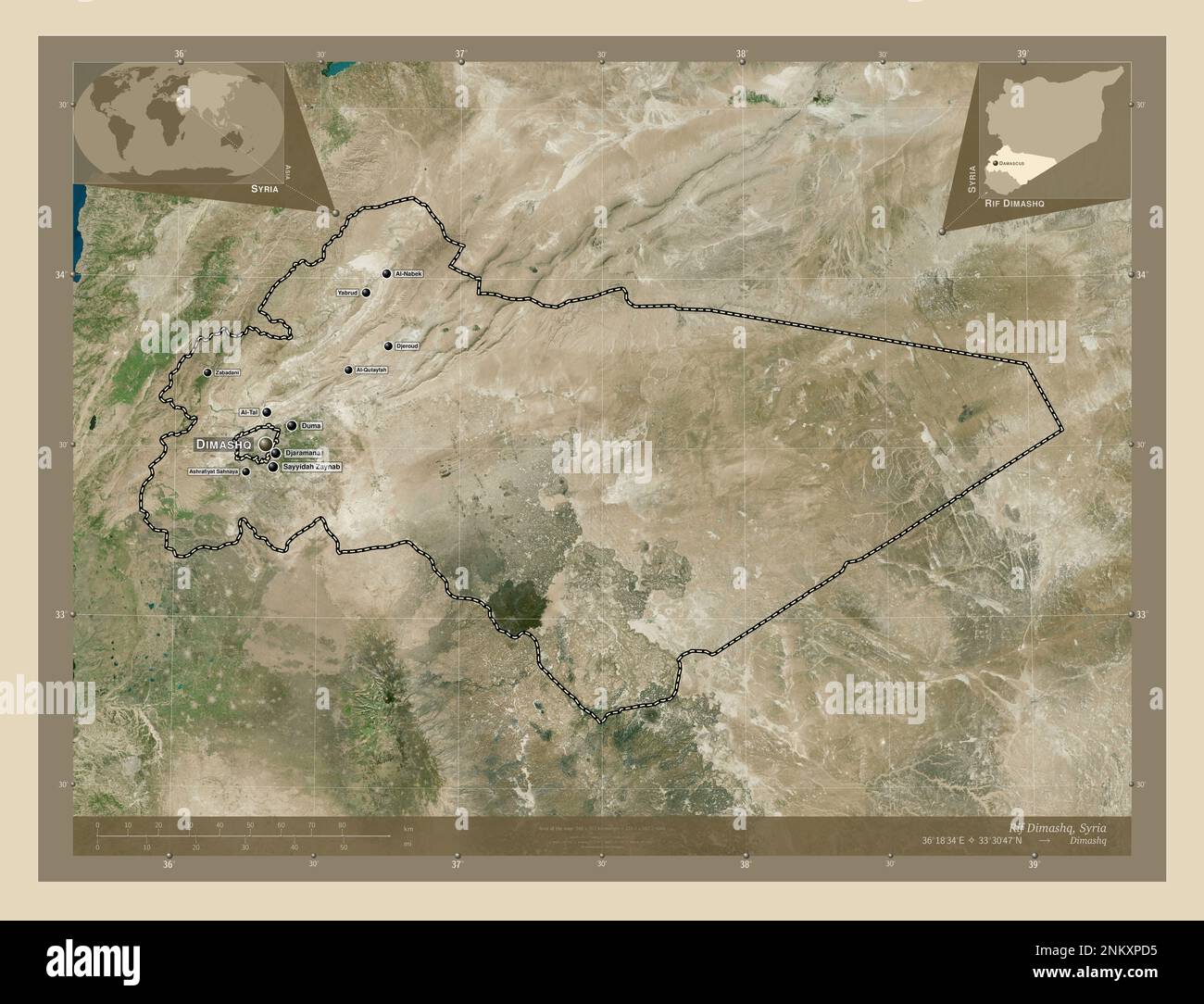 Rif Dimashq, province of Syria. High resolution satellite map ...