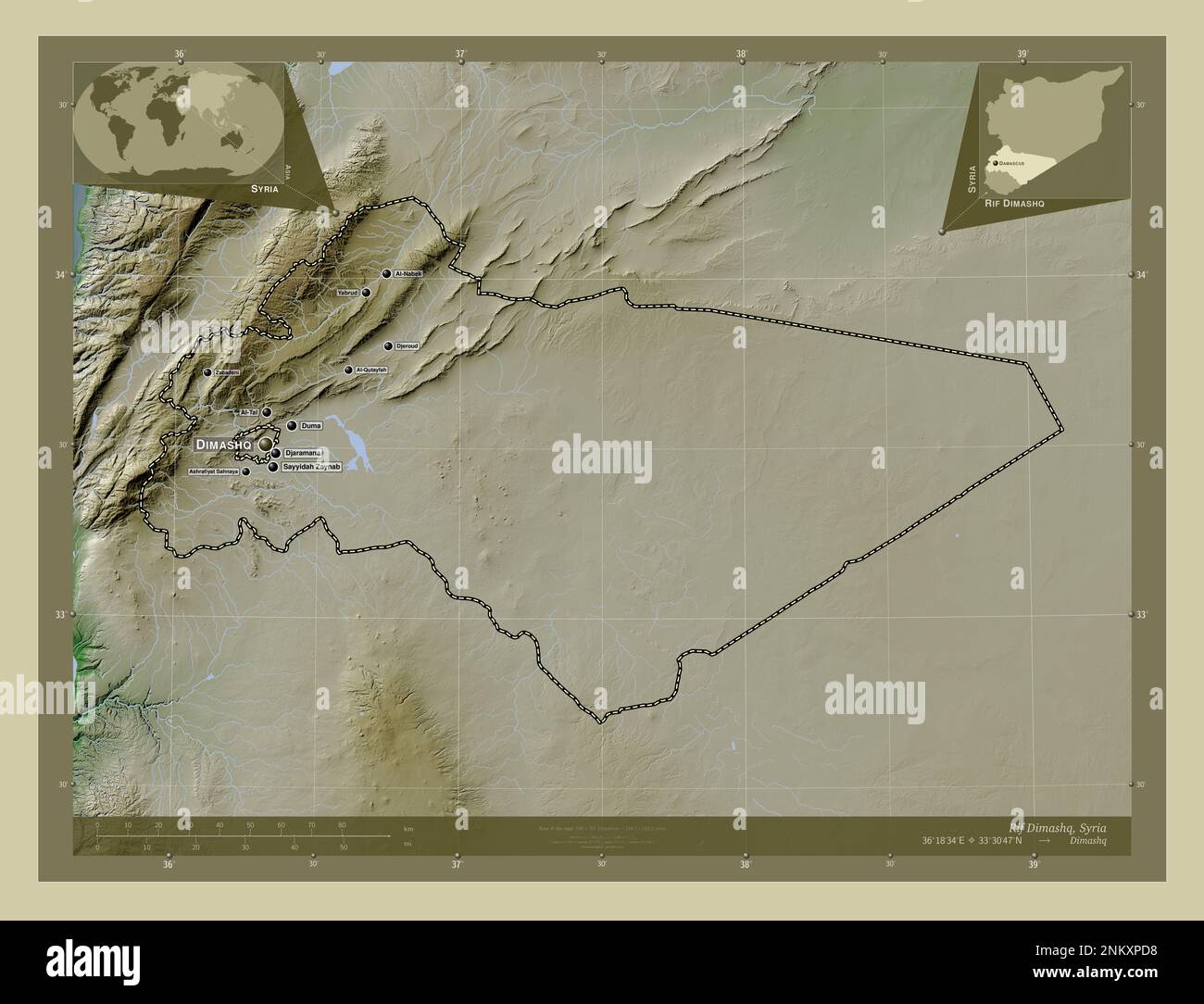 Rif Dimashq, province of Syria. Elevation map colored in wiki style ...