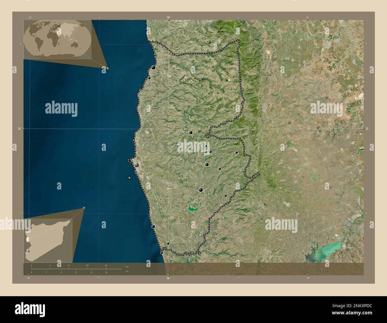 Tartus, province of Syria. High resolution satellite map. Locations of major cities of the ...