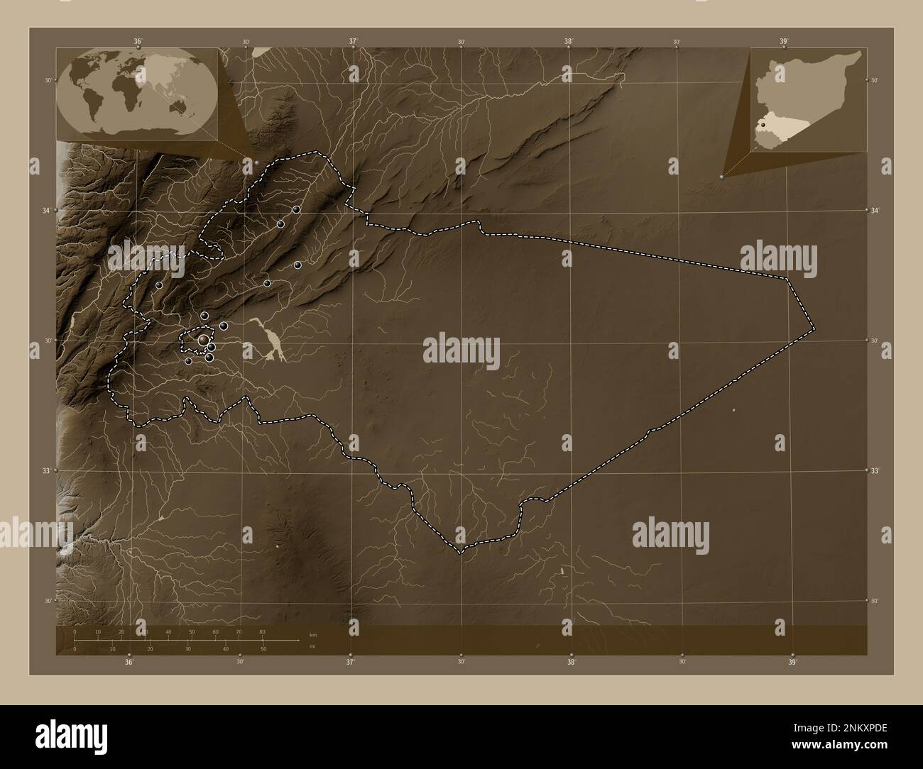Rif Dimashq, province of Syria. Elevation map colored in sepia tones ...