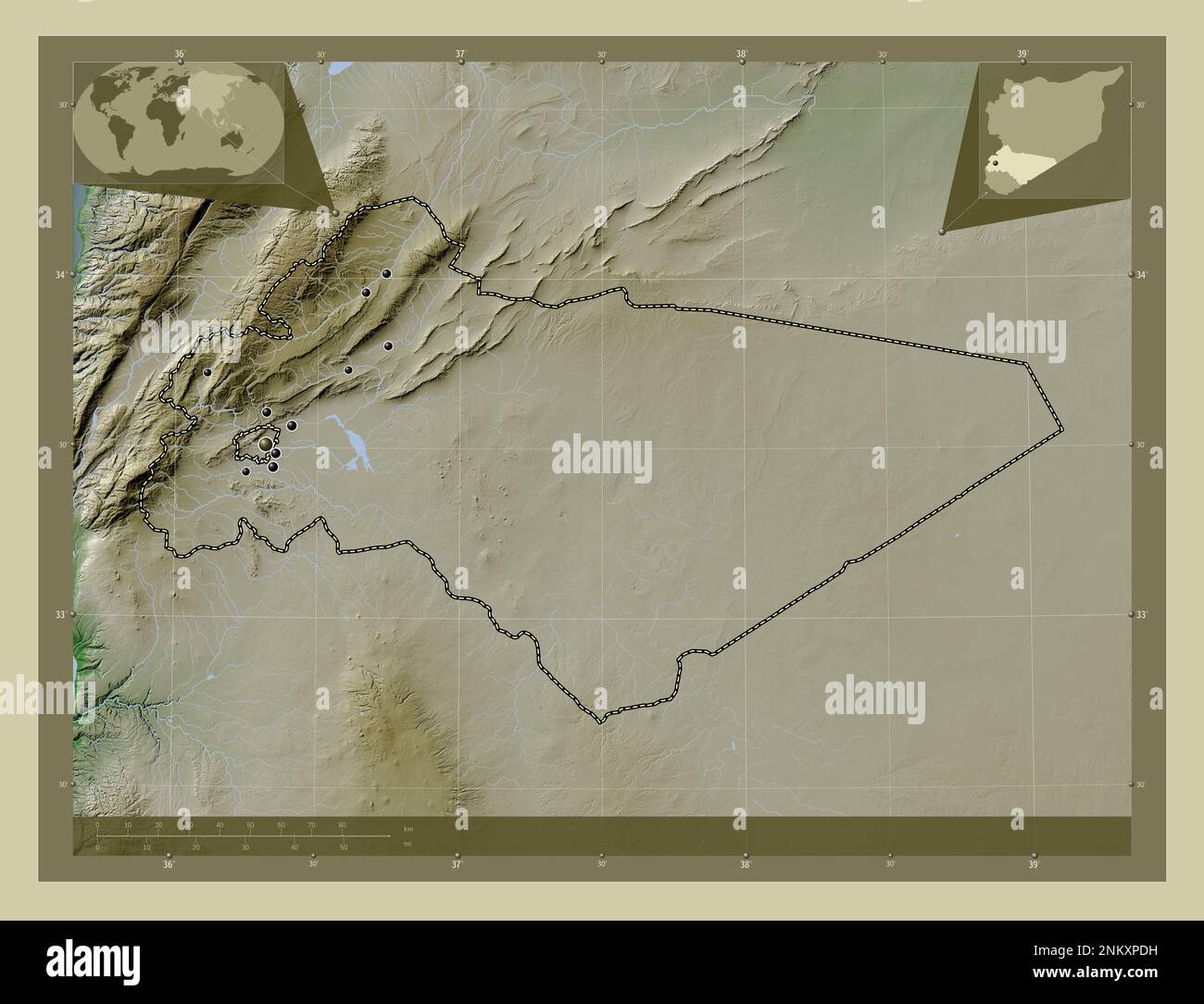 Rif Dimashq, province of Syria. Elevation map colored in wiki style ...