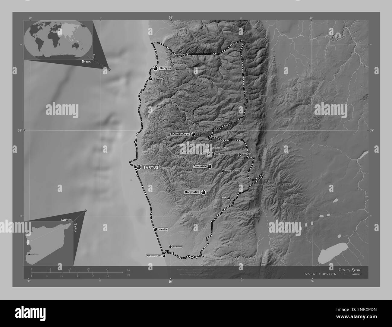 Tartus, province of Syria. Grayscale elevation map with lakes and ...