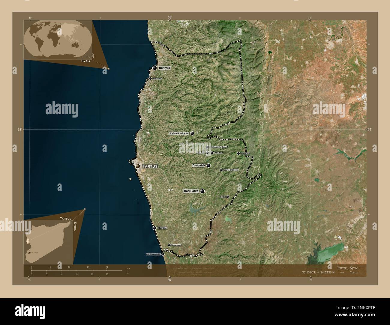 Tartus, province of Syria. Low resolution satellite map. Locations and ...