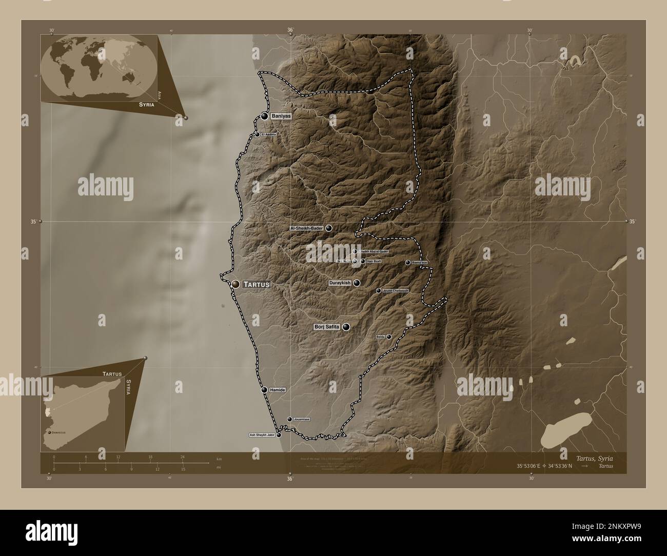 Tartus, province of Syria. Elevation map colored in sepia tones with ...